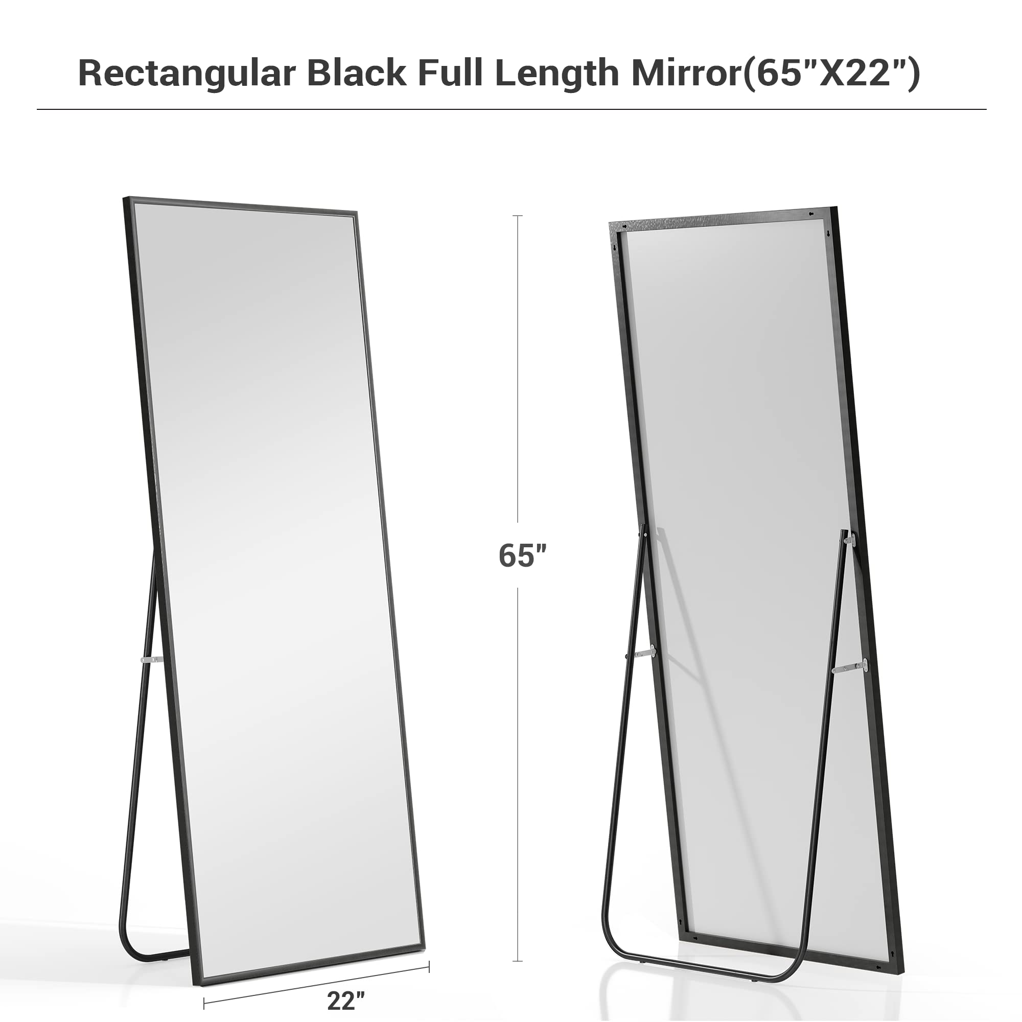 Pexfix Full Length Mirror Hanging Mirror Dressing Mirror Wall-Mounted Mirror with Stand,Full Body Mirror with Aluminum Alloy Thin Frame,Black,65"x22"