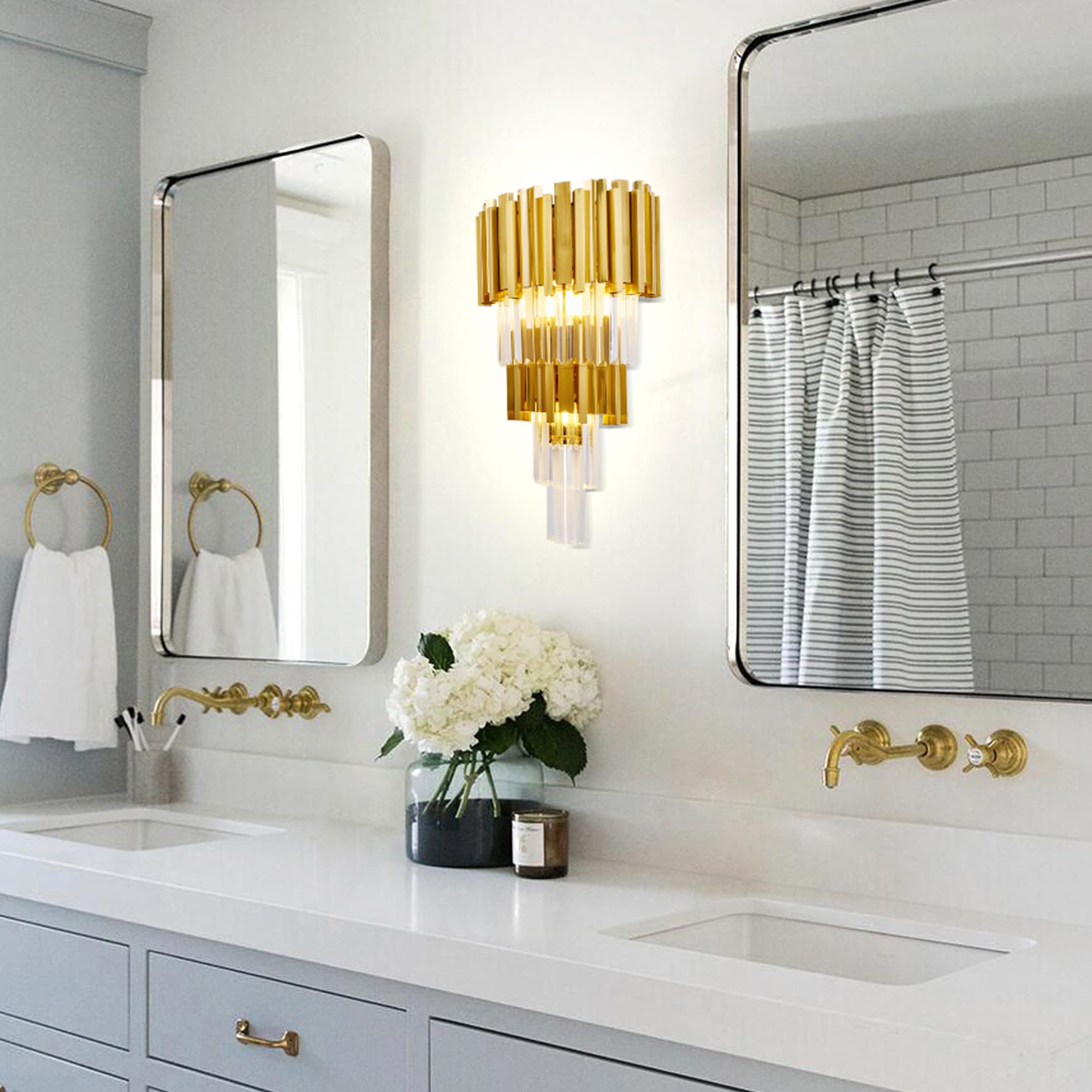 WABON Modern Crystal Wall Sconce Lighting 3-Light Gold Wall Sconce Crystal Hallway Wall lamp for Living Room Antique Gold