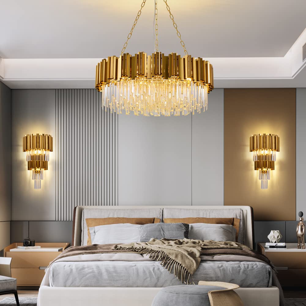 WABON Modern Crystal Wall Sconce Lighting 3-Light Gold Wall Sconce Crystal Hallway Wall lamp for Living Room Antique Gold