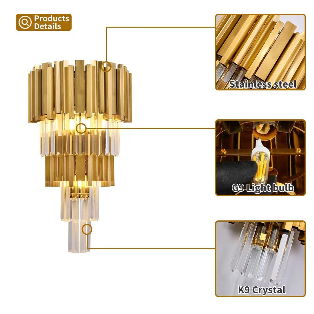 WABON Modern Crystal Wall Sconce Lighting 3-Light Gold Wall Sconce Crystal Hallway Wall lamp for Living Room Antique Gold