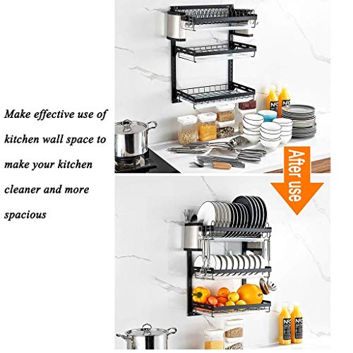 FEHUN Sinks,3-Layer Kitchen Shelf 415 * 26 * 545Cm,Wall-Mounted Stainless Steel Drain Rack Dish Rack with Holder,Chopsticks Cage