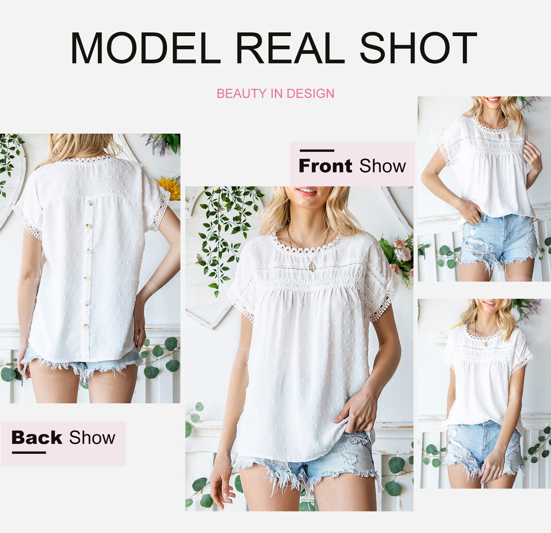 Dokotoo Blouses, Fashion 2025 Summer Crochet Lace Round Neck Short Sleeve Shirts Back Button Down Pom Pom Boho Casual Solid Chiffon Blouse Womens Tops White Large
