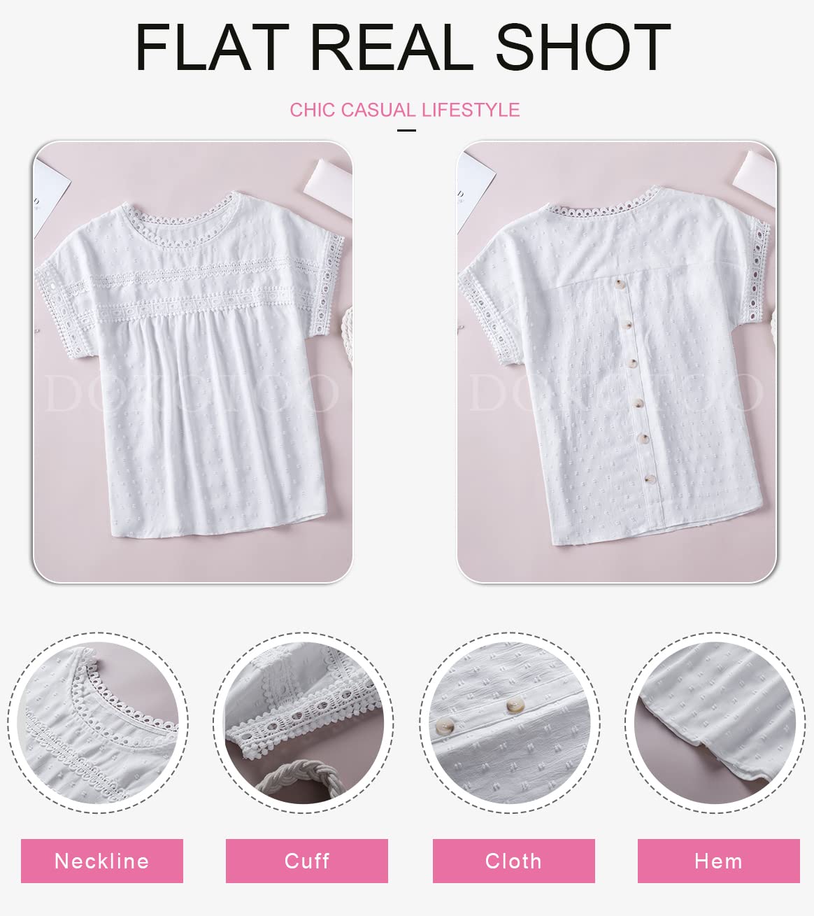 Dokotoo Blouses, Fashion 2025 Summer Crochet Lace Round Neck Short Sleeve Shirts Back Button Down Pom Pom Boho Casual Solid Chiffon Blouse Womens Tops White Large