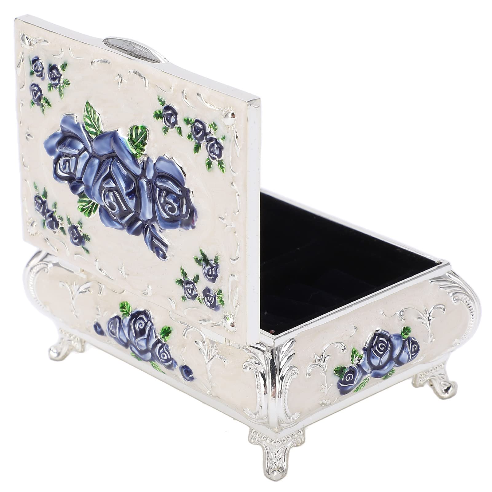 Jovenn Vintage Jewelry Box, Embossed Design Trinket Box Zinc Alloy Soft for Earrings for Rings for Jewelry Silver White Blue Rose