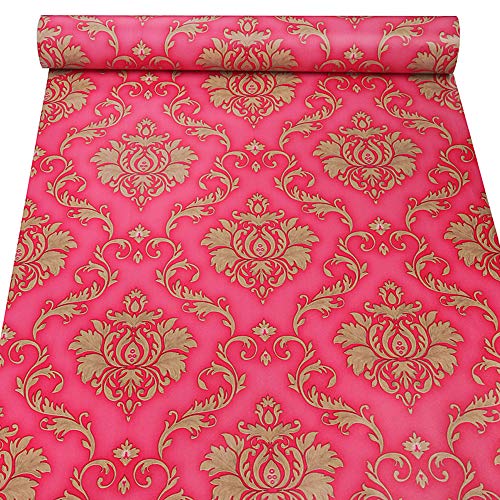 SimpleLife4U Floral Furniture Paper Self-Adhesive Red Damask Shelf Liner DIY Storage Unit 17.8 Inch By 9.8 Feet