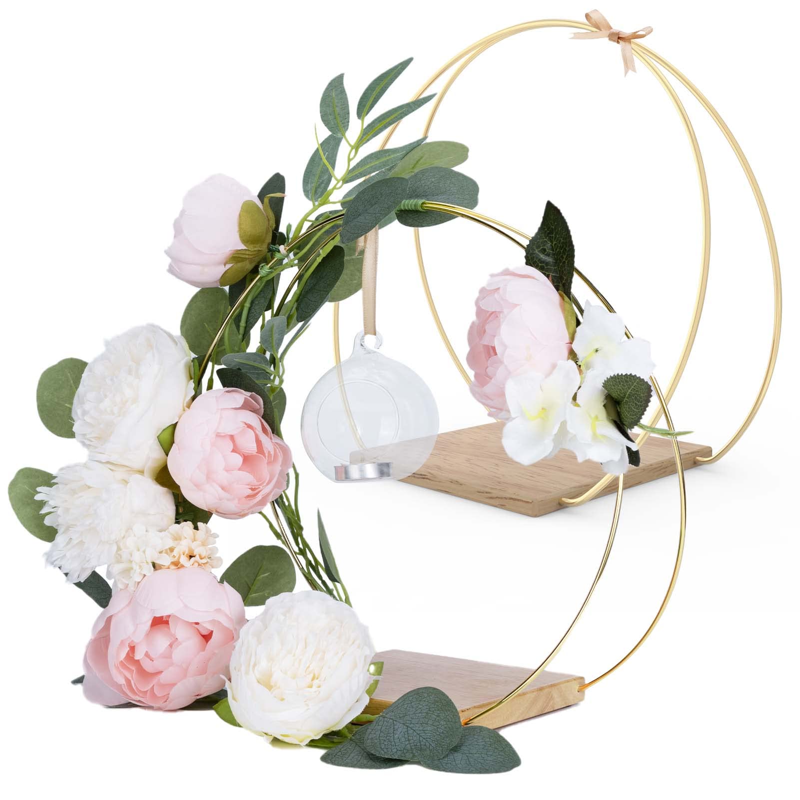 Sntieecr 2 Pack Metal Floral Hoop Centerpiece for Table, Gold Hoop Centerpiece with Stand, Floral Ring Wreath for Making Wedding Crafts, Party, Home Table Decoration