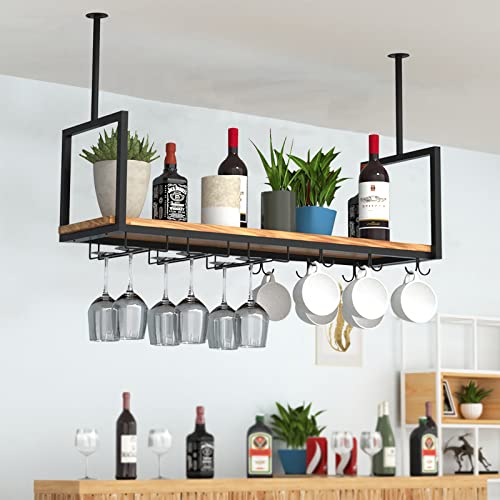 SPTZQURY Ceiling Wine Glass Rack - 31.4 inch Metal Wine Rack with 2 Kinds Glass Holder, Hanging Stemware Goblet Wine Glass Holder Perfect for Bar Cafe Kitchen Restaurant, Display Stand Black