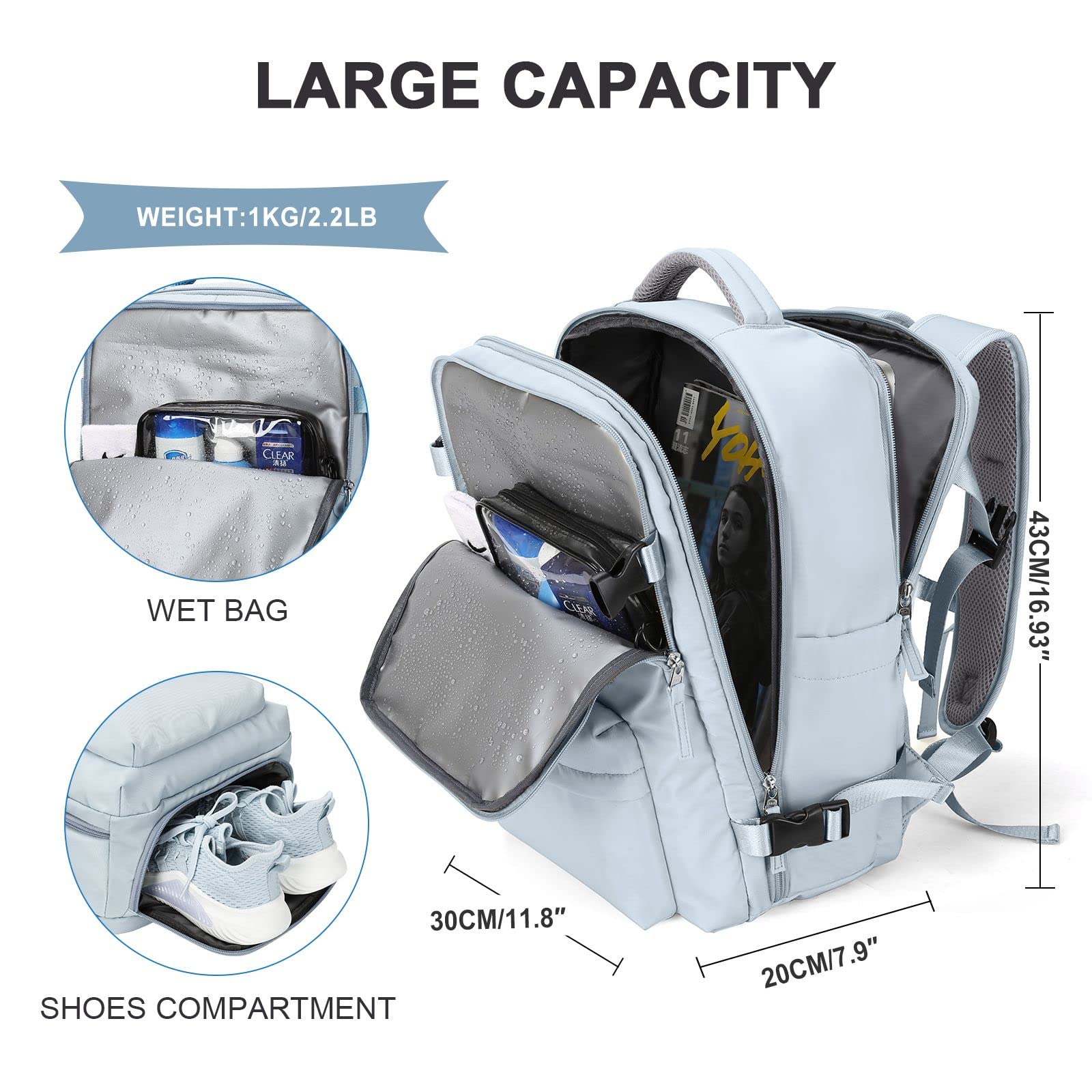WONHOX Large Travel Backpack Carry on Flight Approved Airplanes Laptop Work Business Weekender Bag Personal item backpack Backpack for Women Men Mochila de Viaje