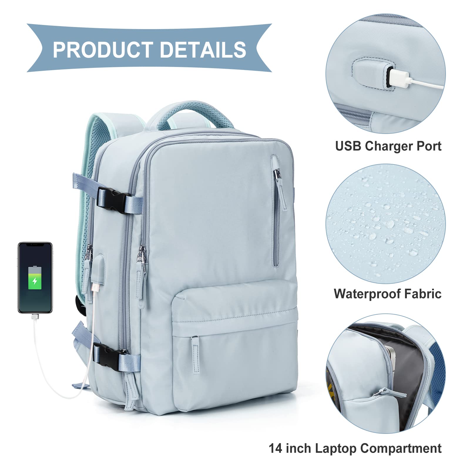 WONHOX Large Travel Backpack Carry on Flight Approved Airplanes Laptop Work Business Weekender Bag Personal item backpack Backpack for Women Men Mochila de Viaje