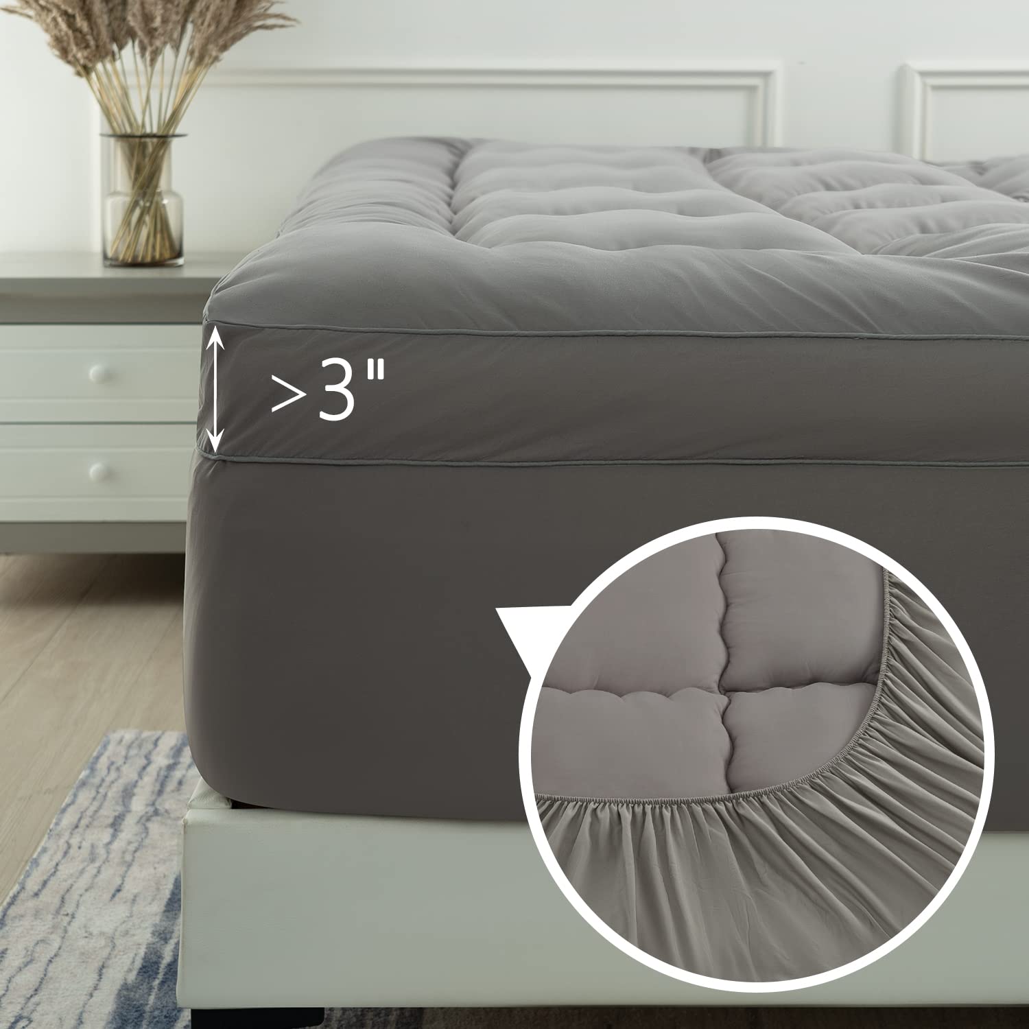 Marine Moon Mattress Topper Queen, Marine Moon Cooling Bed Topper Cover, Thick Soft Pillow Top Mattress Pad, Plush Hotel Down Alternative Mattress Topper with 8-21" Deep Pocket, Grey