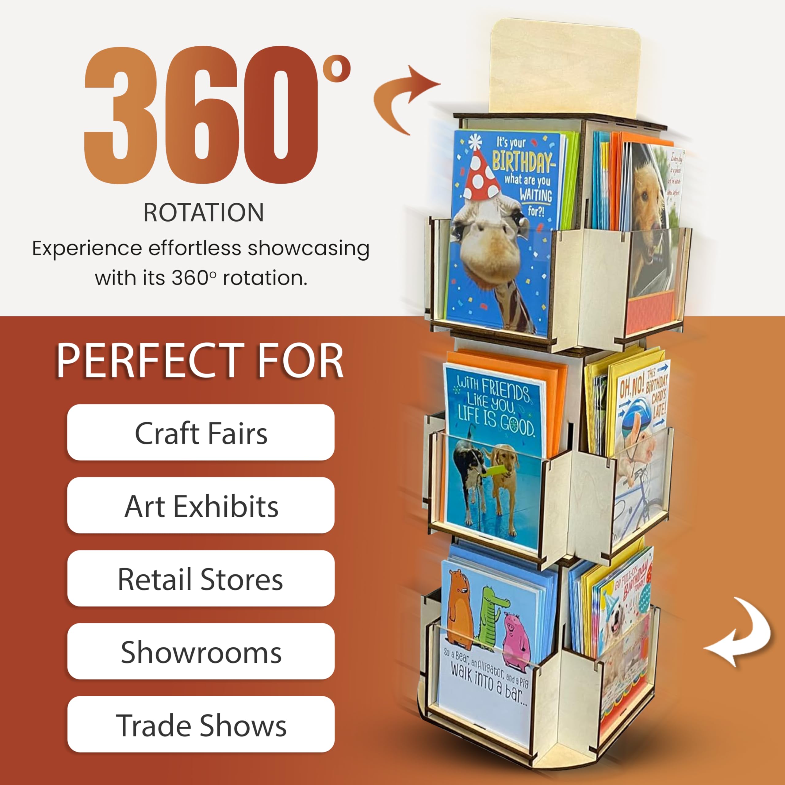 Rotating Greeting Card Display Stand, 3 Tier Wooden Organizer, 4-Sided Display Rack Spinning Multi-Pocket Display for Coasters, Stickers, Retail, Tradeshow - A4, A6, A7, 5"x7", 4 bar (Natural)