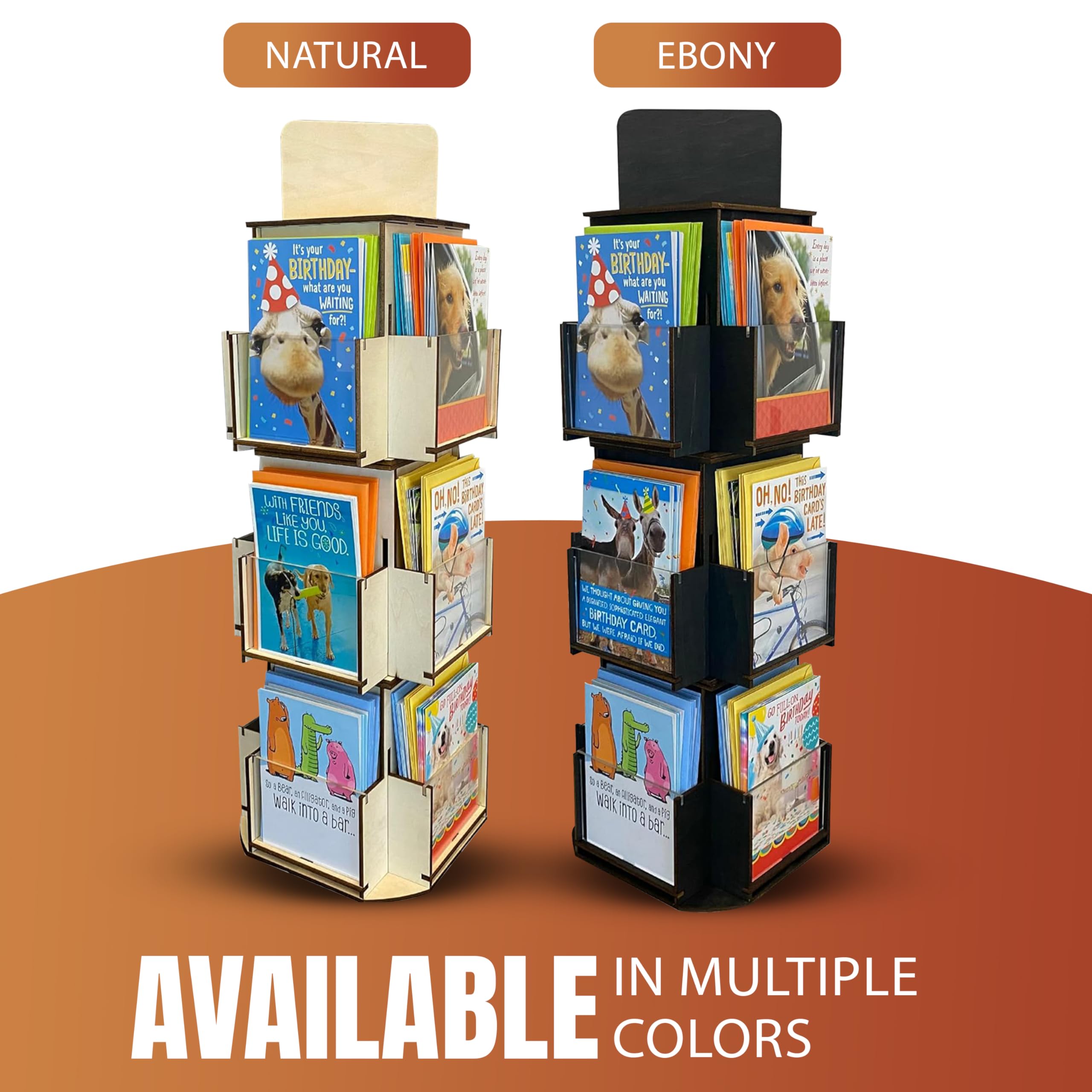 Rotating Greeting Card Display Stand, 3 Tier Wooden Organizer, 4-Sided Display Rack Spinning Multi-Pocket Display for Coasters, Stickers, Retail, Tradeshow - A4, A6, A7, 5"x7", 4 bar (Natural)