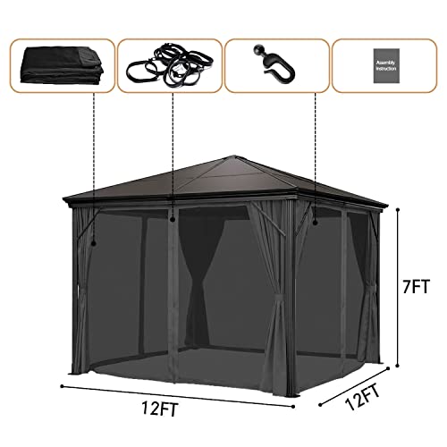SunCula Replacement Gazebo Mosquito Netting Screen with Zipper for Patio Outdoor,Garden and Backyard (12'x12', Black, Only Netting)