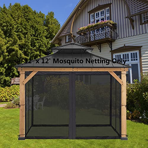 SunCula Replacement Gazebo Mosquito Netting Screen with Zipper for Patio Outdoor,Garden and Backyard (12'x12', Black, Only Netting)