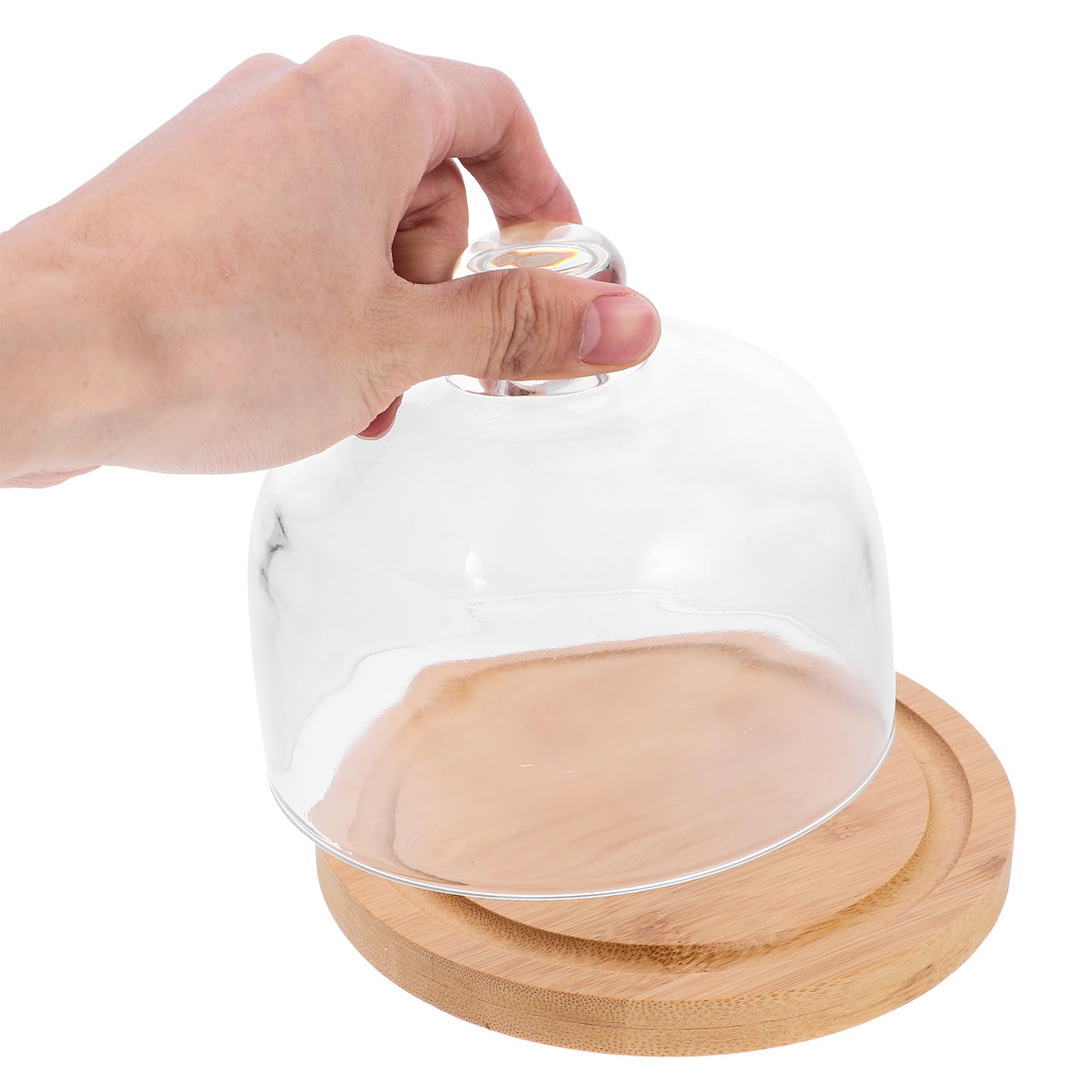 GANAZONO Household Cake Cupcake Holder Container, Food Holder with Wooden Base and Glass Lid Cake Display Dessert Storage Tray （ Glass Cover+ Tray ）