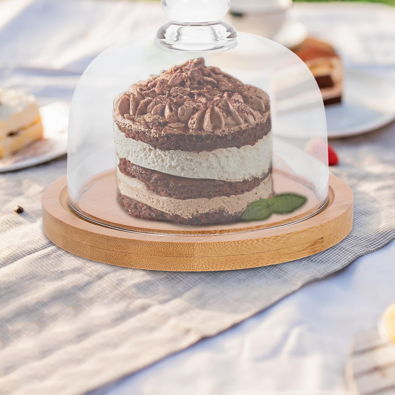GANAZONO Household Cake Cupcake Holder Container, Food Holder with Wooden Base and Glass Lid Cake Display Dessert Storage Tray （ Glass Cover+ Tray ）