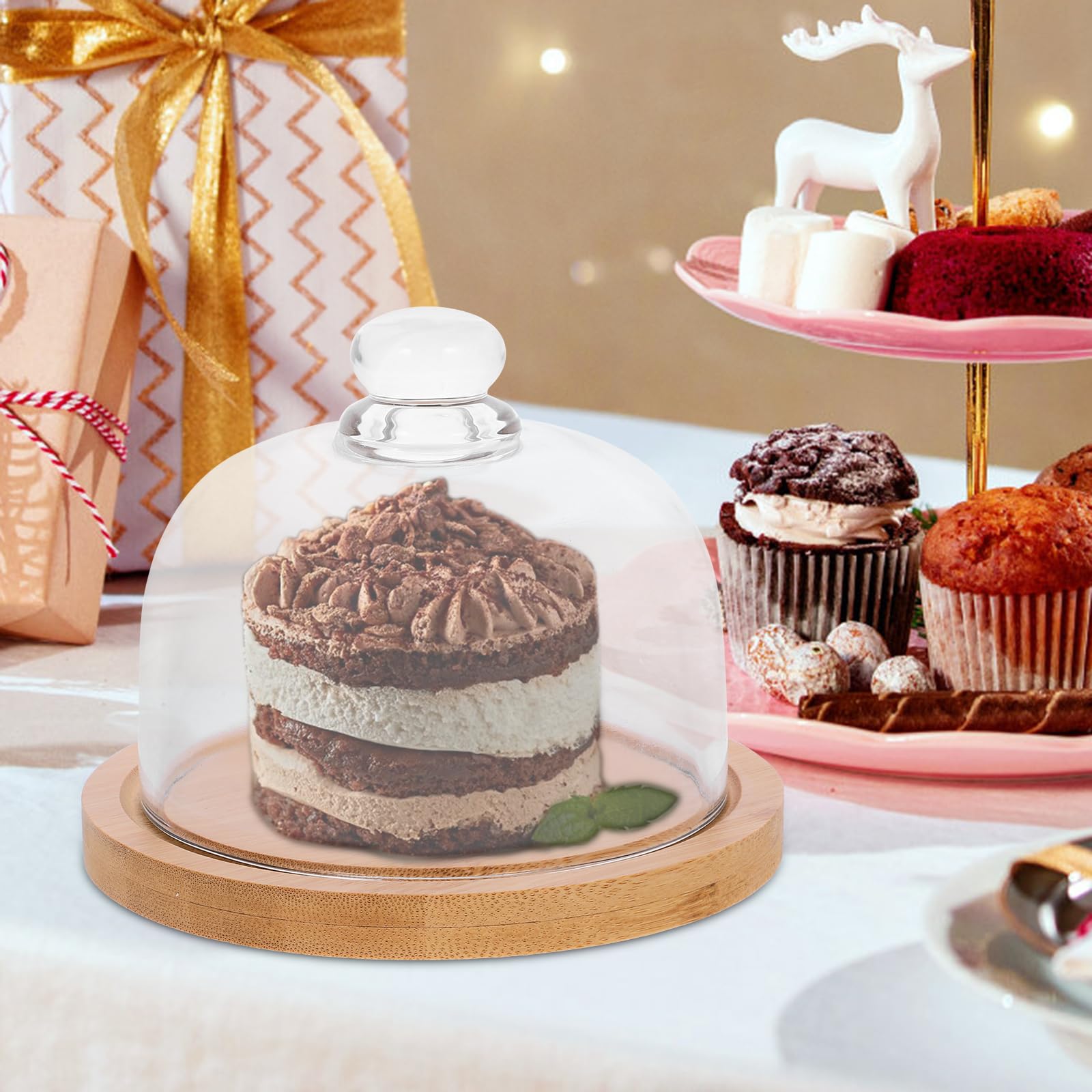 GANAZONO Household Cake Cupcake Holder Container, Food Holder with Wooden Base and Glass Lid Cake Display Dessert Storage Tray （ Glass Cover+ Tray ）