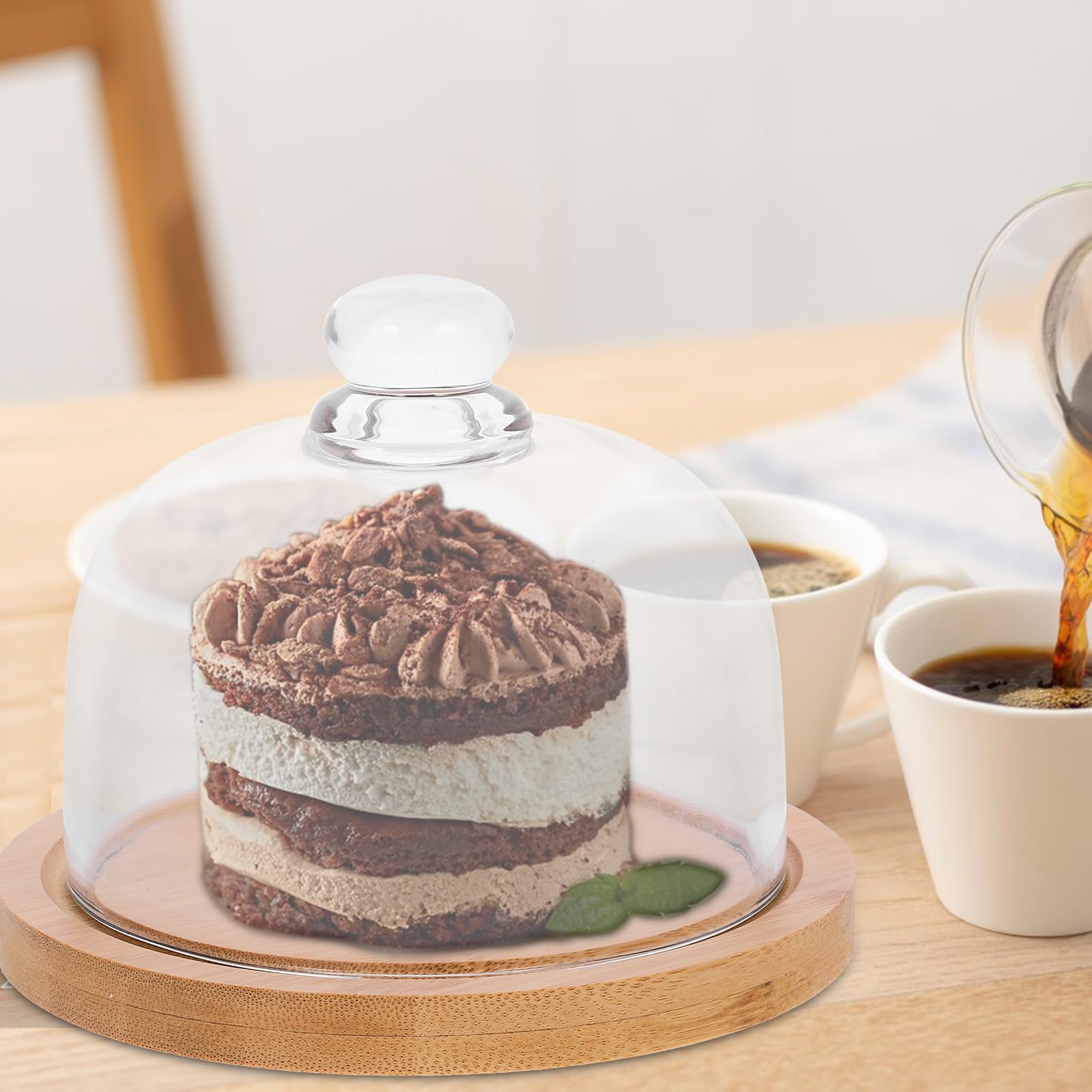GANAZONO Household Cake Cupcake Holder Container, Food Holder with Wooden Base and Glass Lid Cake Display Dessert Storage Tray （ Glass Cover+ Tray ）