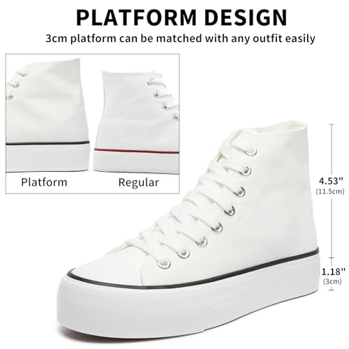 FRACORA Womens High Top Canvas Shoes White Black Platform Sneakers Lace Up Shoes for Women Casual(White,US8)