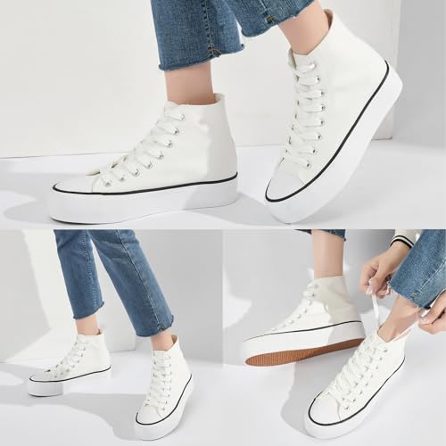 FRACORA Womens High Top Canvas Shoes White Black Platform Sneakers Lace Up Shoes for Women Casual(White,US8)