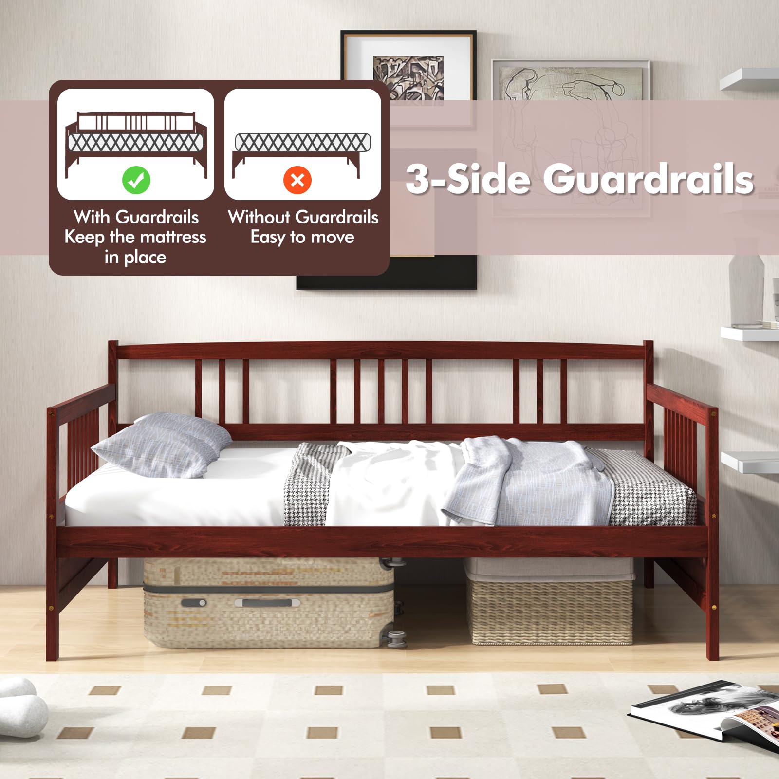 KOMFOTT Wood Daybed Frame Twin Size, Sofa Day Bed Frame with Wooden Slats Support, No Box Spring Needed, Twin Daybed Frame for Bedroom Living Guest Room (Mattress Not Included)