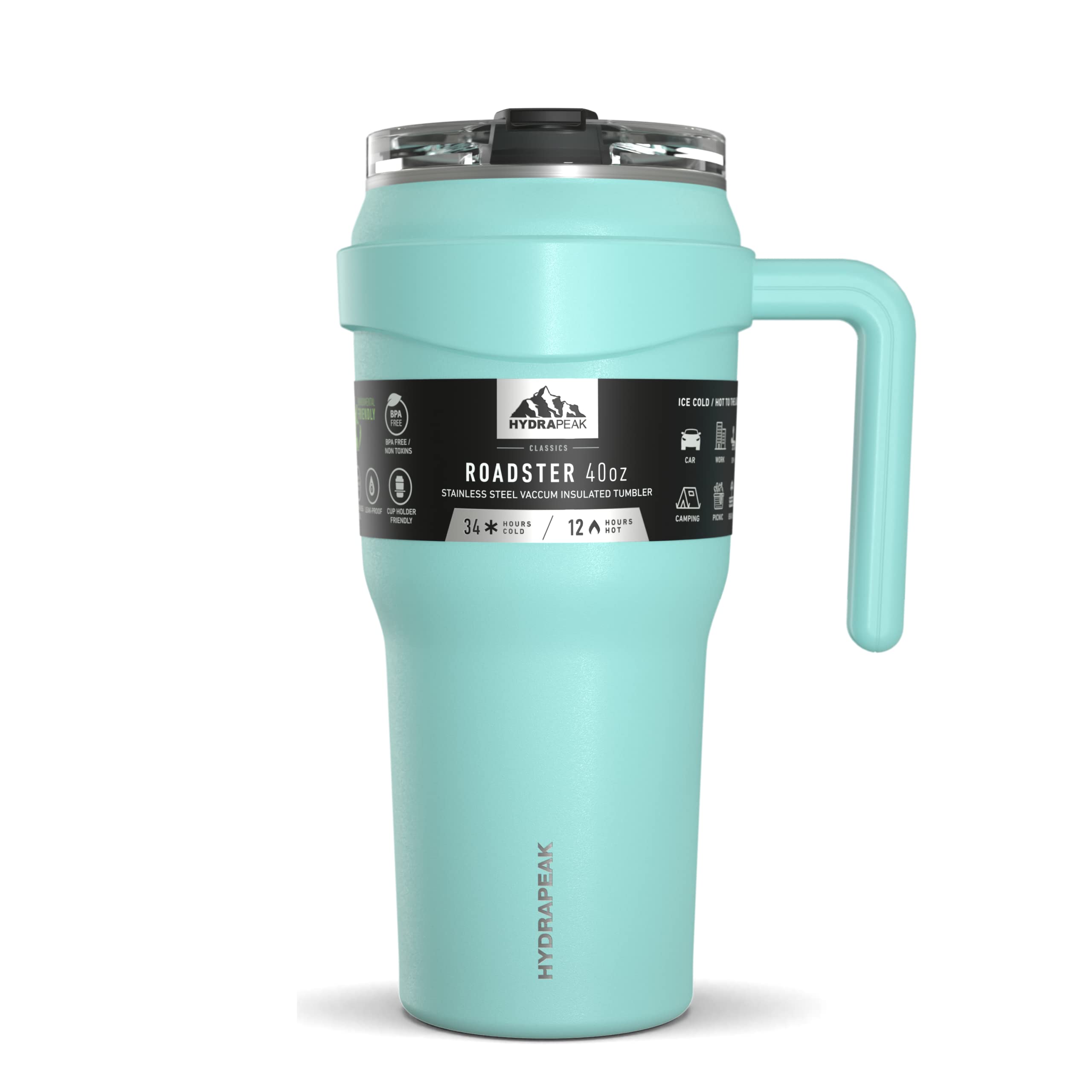 Hydrapeak Roadster 40oz Stainless Steel Tumbler Double Wall Vacuum Insulated Water Bottle With Handle And 2 in 1 Straw Lid (Aqua)