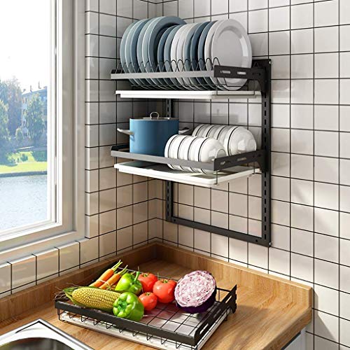 FEHUN Sinks,3-Layer 201 Stainless Steel Kitchen Wall-Mounted Dish Rack Drain Rack with Chopsticks Cage,Kitchen Cutting Board Rack