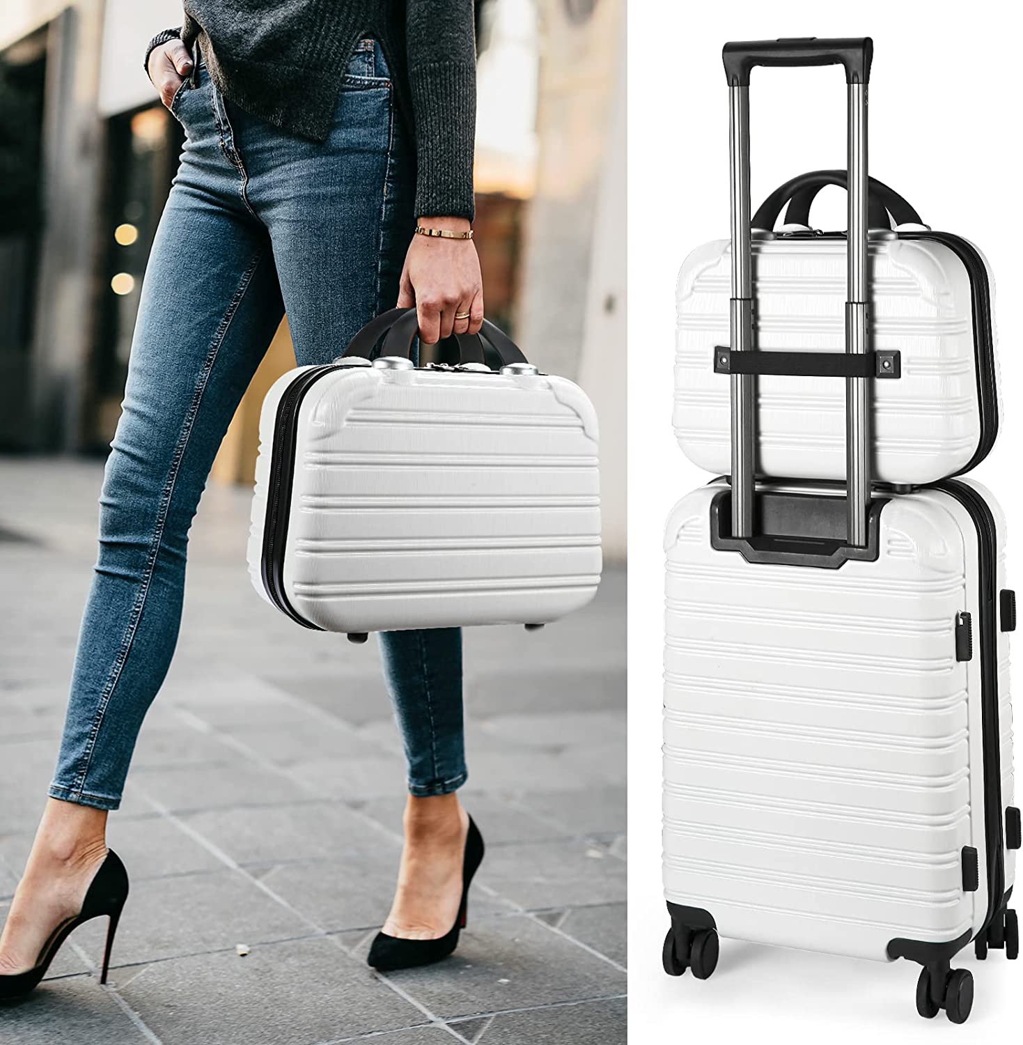 Hard Case Luggage 2 Piece Sets Carry On Luggage Lightweight With Spinner Wheels Rolling Suitcase 22x14x9 Airline Approved PC+ABS TSA Lock Hardshell Travel Carry On Hardside 14/20 Inch 2PCS,White