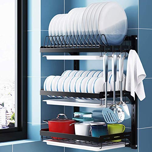 FEHUN Sinks,201 Stainless Steel Kitchen Wall-Mounted 3-Layer Dish Rack Drain Rack with 4 Hooks