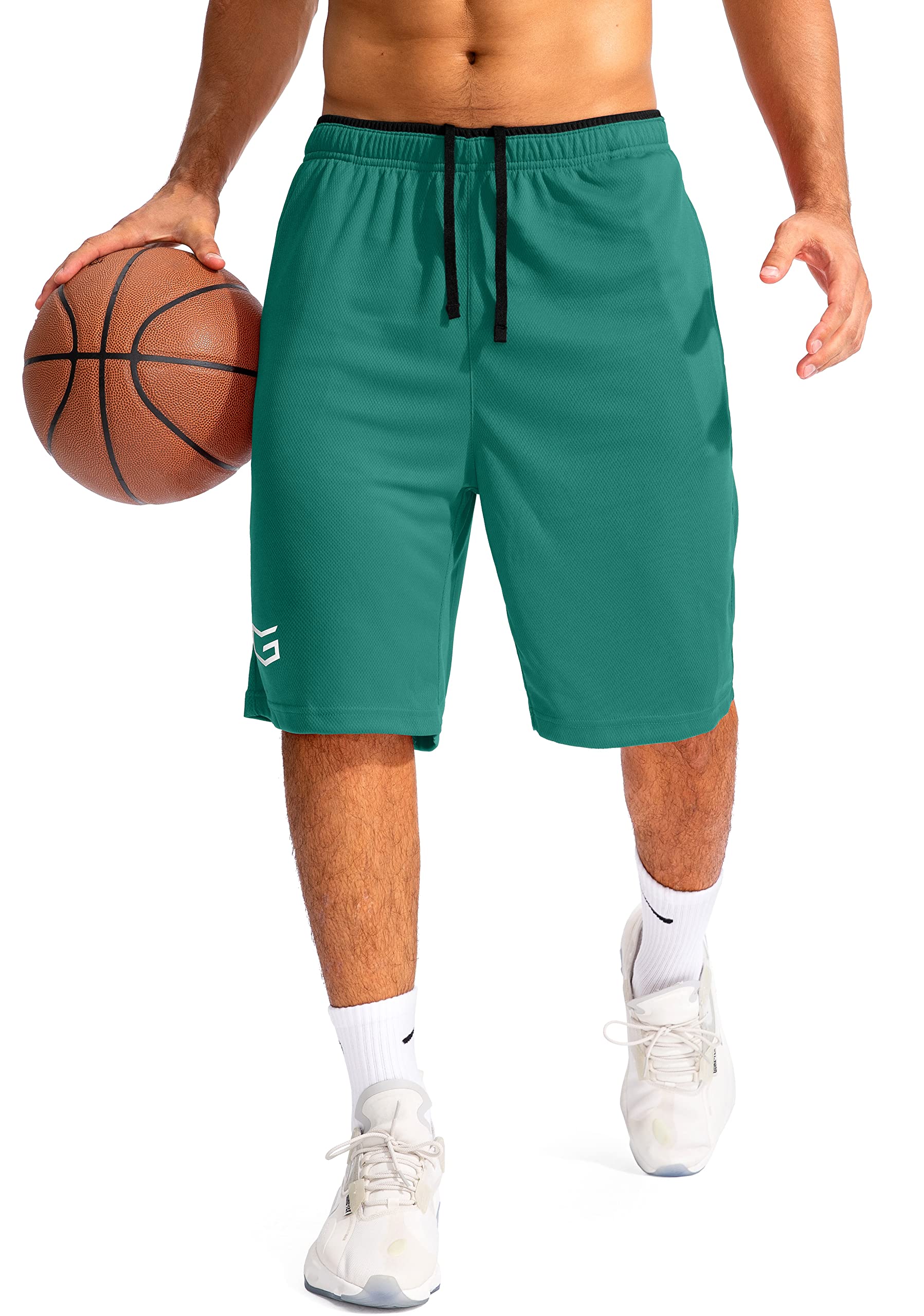 Men's Basketball Shorts with Zipper Pockets Lightweight Quick Dry 11" Long Shorts for Men Athletic Gym(Green,XL)
