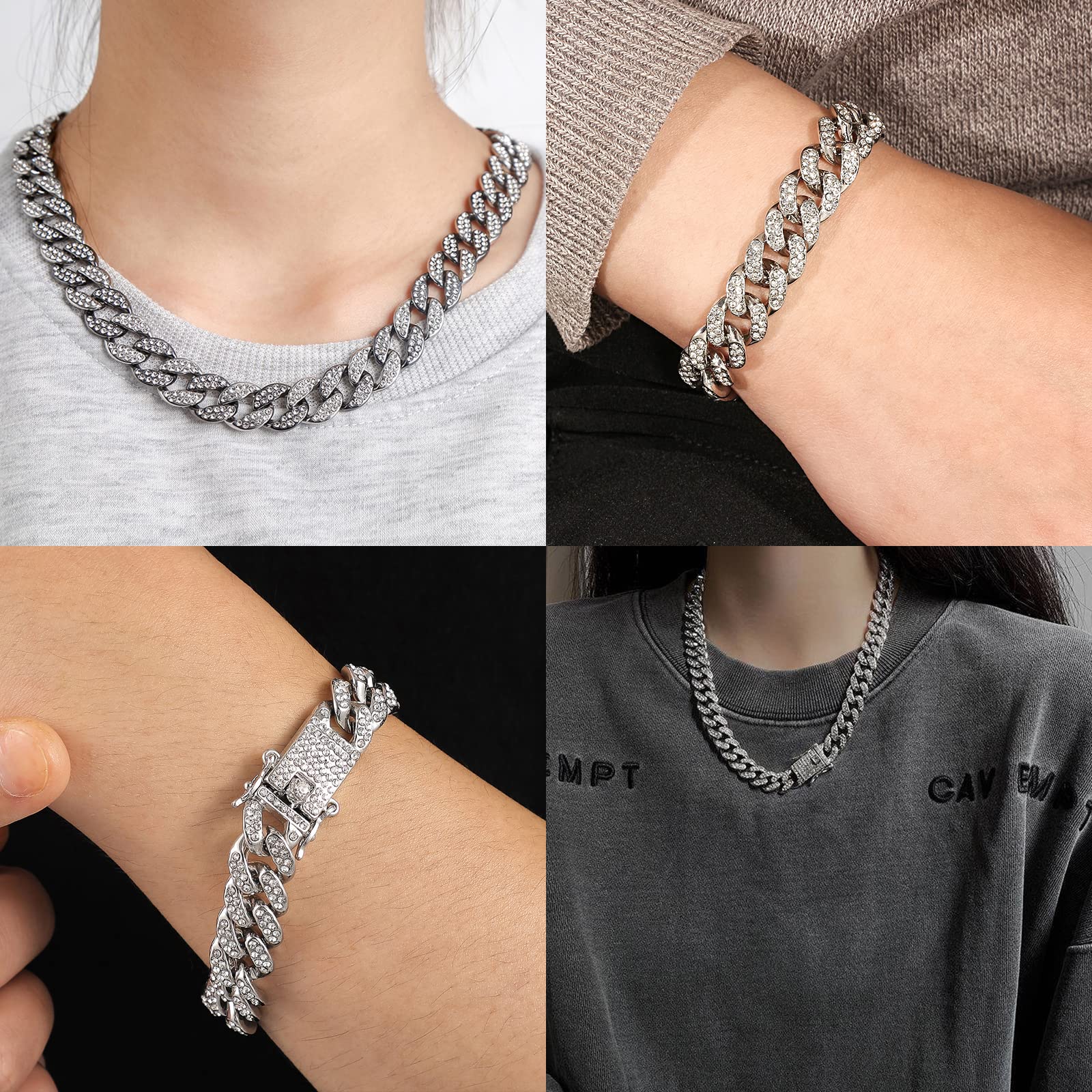 GIHENHAO 2pcs Cuban Link Chain for Men,Silver Necklace and Bracelet,Miami Cuban Chains,Bling Diamond Chain for Hip Hop Jewelry