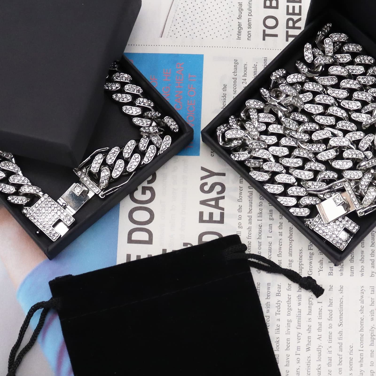 GIHENHAO 2pcs Cuban Link Chain for Men,Silver Necklace and Bracelet,Miami Cuban Chains,Bling Diamond Chain for Hip Hop Jewelry