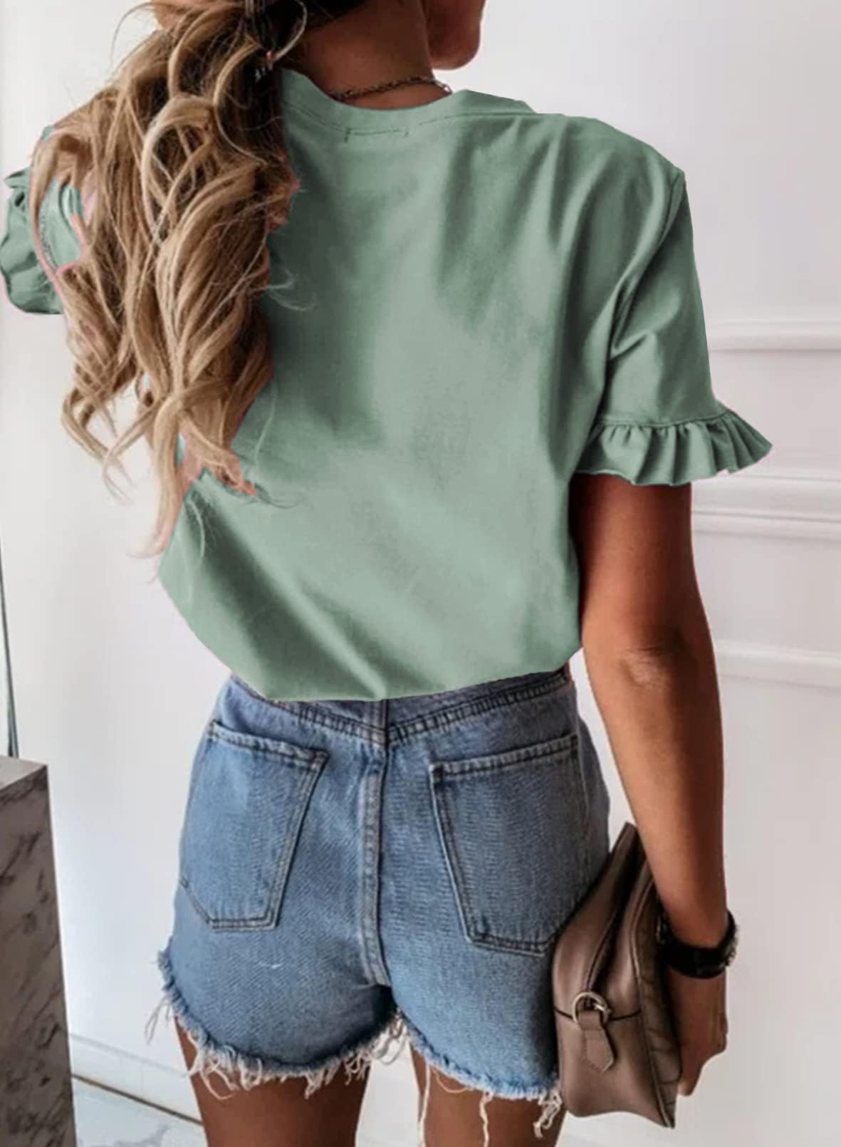 PRETTYGARDEN Women's Short Sleeve Casual T Shirts Summer Ruffle Plain Round Neck Loose Fit Tee Blouse Tops (Green,X-Large)