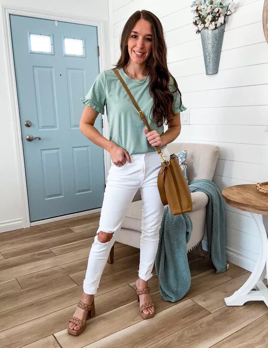PRETTYGARDEN Women's Short Sleeve Casual T Shirts Summer Ruffle Plain Round Neck Loose Fit Tee Blouse Tops (Green,X-Large)
