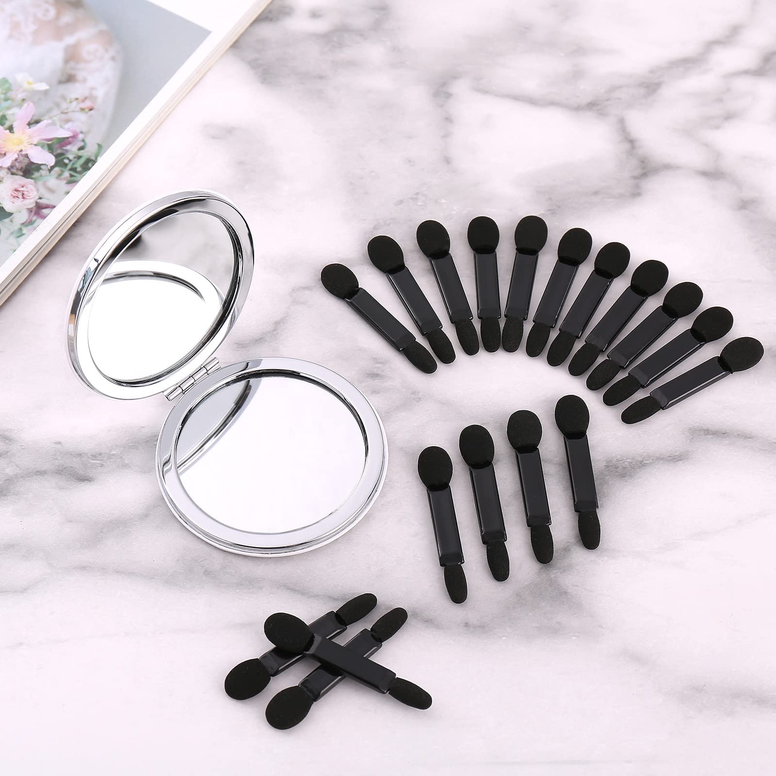 Deksias 2X Times Mirror in Pocket Magnify Round 2 Side Make up Compact Pu Folding Collapsible Mirrors with Extra 20PCS Eyeshadow Sponge Brush