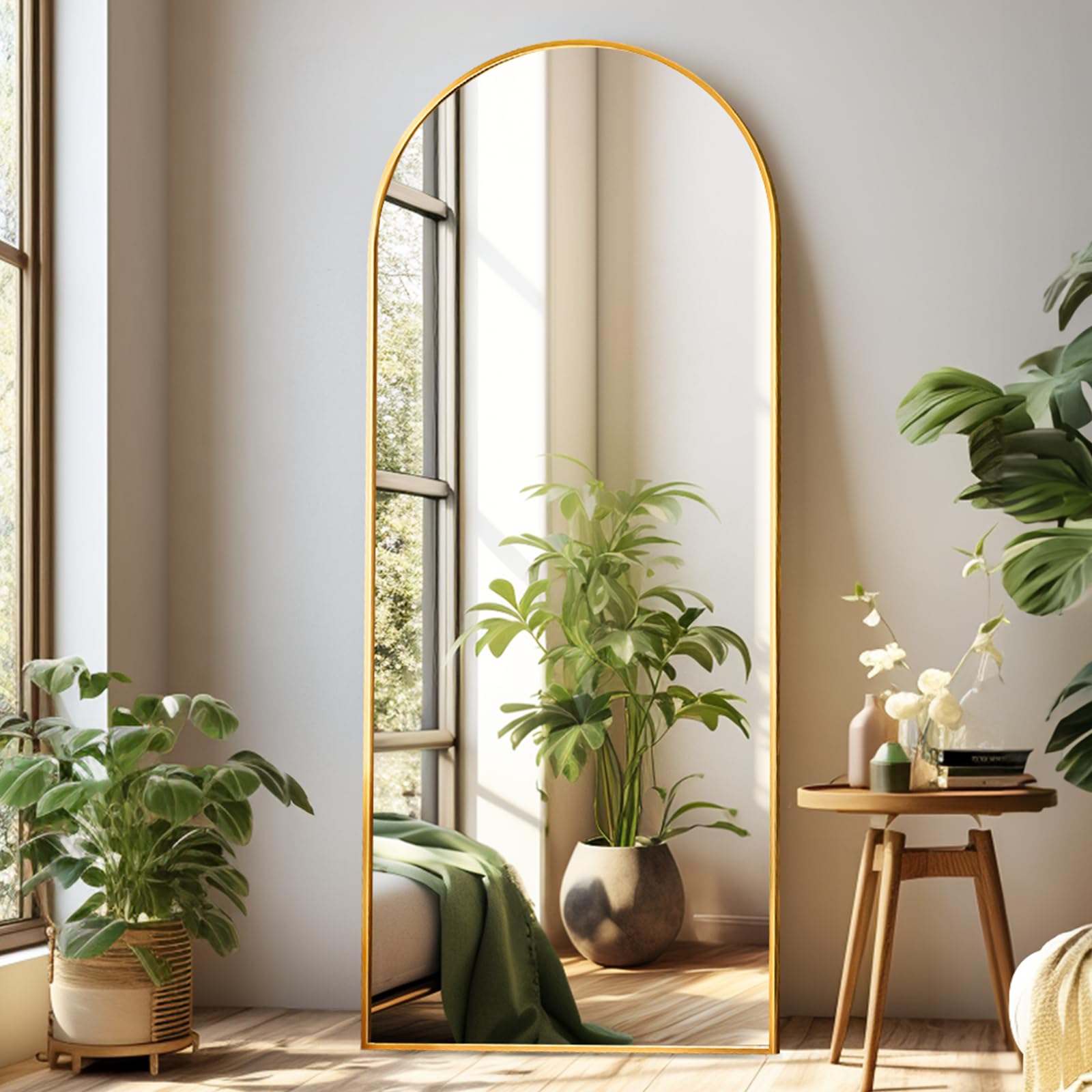 Dewfig Arched Full Length Mirror, 64"*21", Large Floor Mirror with Stand, Full Body Mirrosr Standing Mirrors for Leaning or Hanging Bedroom, Living Room,Dressing Room, Aluminum Alloy Frame, Gold