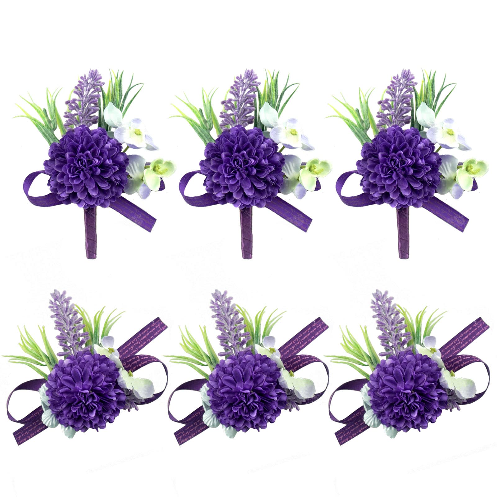Ciandid Purple Hydrangea Wrist Corsage and Boutonniere set for Wedding Set of 6, 3PCS Groom Groomsman Boutonnieres & 3PCS Bride Bridesmaid Wrist Corsages Wristlet Band Bracelet Flower for Wedding Prom