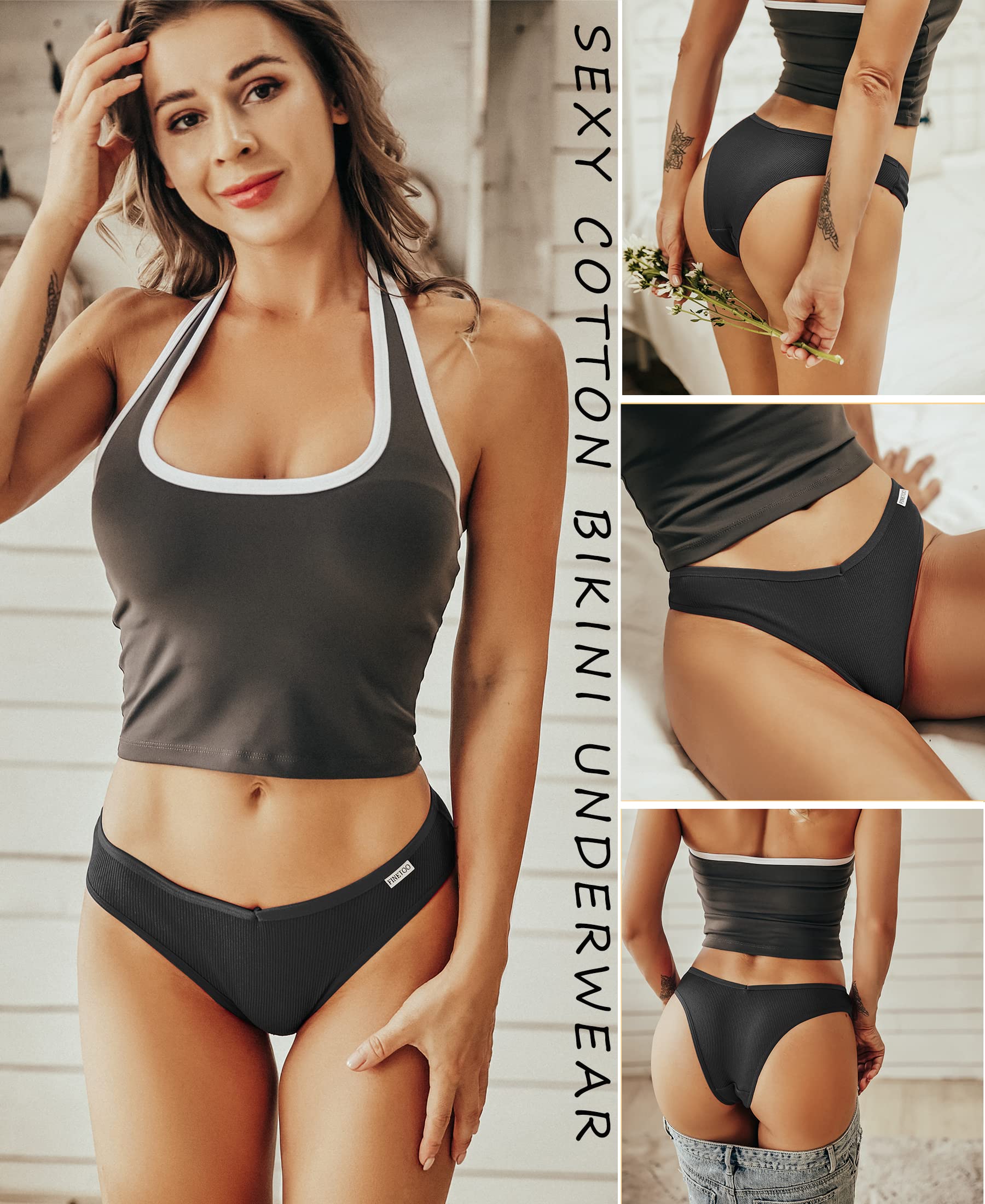 FINETOO 10 Pack Womens Cotton Underwear Sexy Stretch Bikini Panties Low Rise Hipster Ladies Soft V-Waist Cheeky(L)
