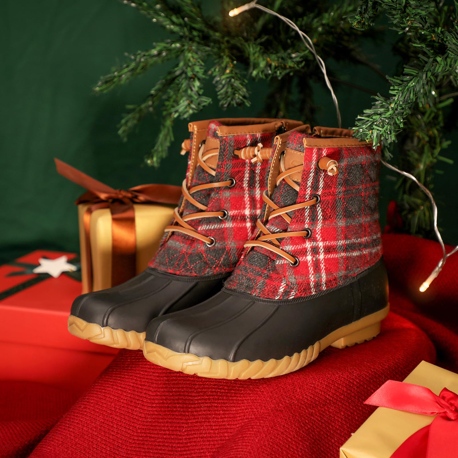 STQ Duck Boots Women Side Zipper Lace Up Insulated Waterproof Winter Ankle Snow Booties MULTI/PLAID 6 US