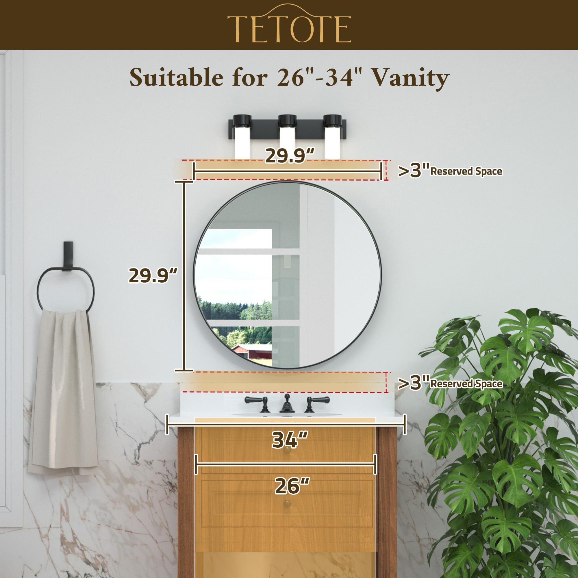 TETOTE Round Gold Bathroom Mirror, 30 Inch Circle Mirrors for Vanity, Champagne Gold Modern Brushed Metal Framed Wall Mounted Farmhouse Decorative Entryway Mirror Shatterproof