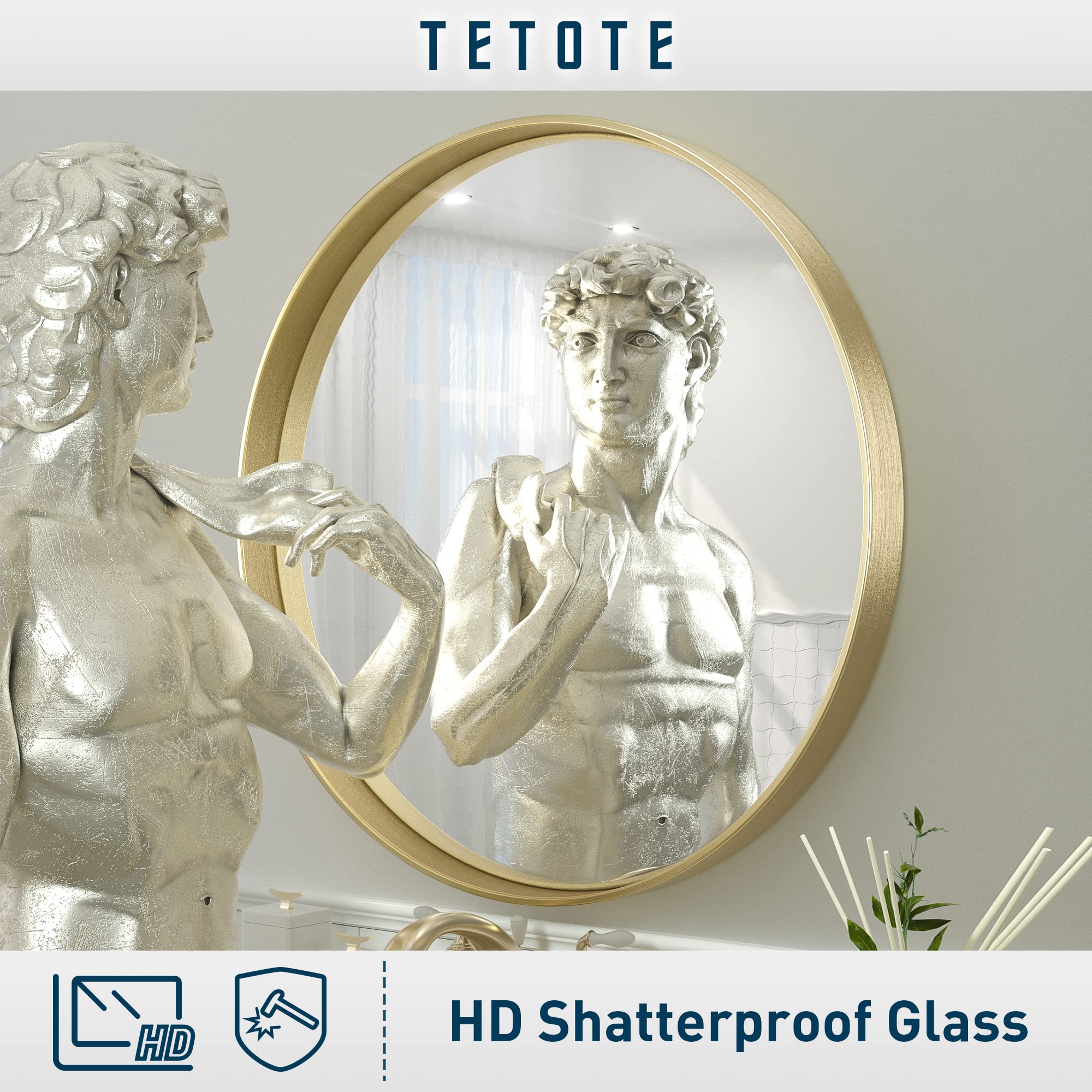 TETOTE Round Gold Bathroom Mirror, 30 Inch Circle Mirrors for Vanity, Champagne Gold Modern Brushed Metal Framed Wall Mounted Farmhouse Decorative Entryway Mirror Shatterproof