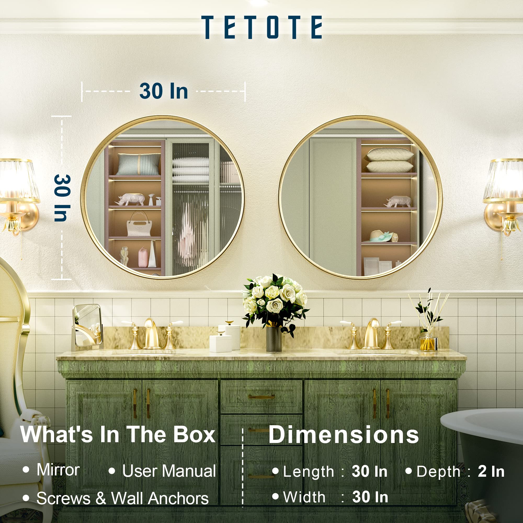 TETOTE Round Gold Bathroom Mirror, 30 Inch Circle Mirrors for Vanity, Champagne Gold Modern Brushed Metal Framed Wall Mounted Farmhouse Decorative Entryway Mirror Shatterproof