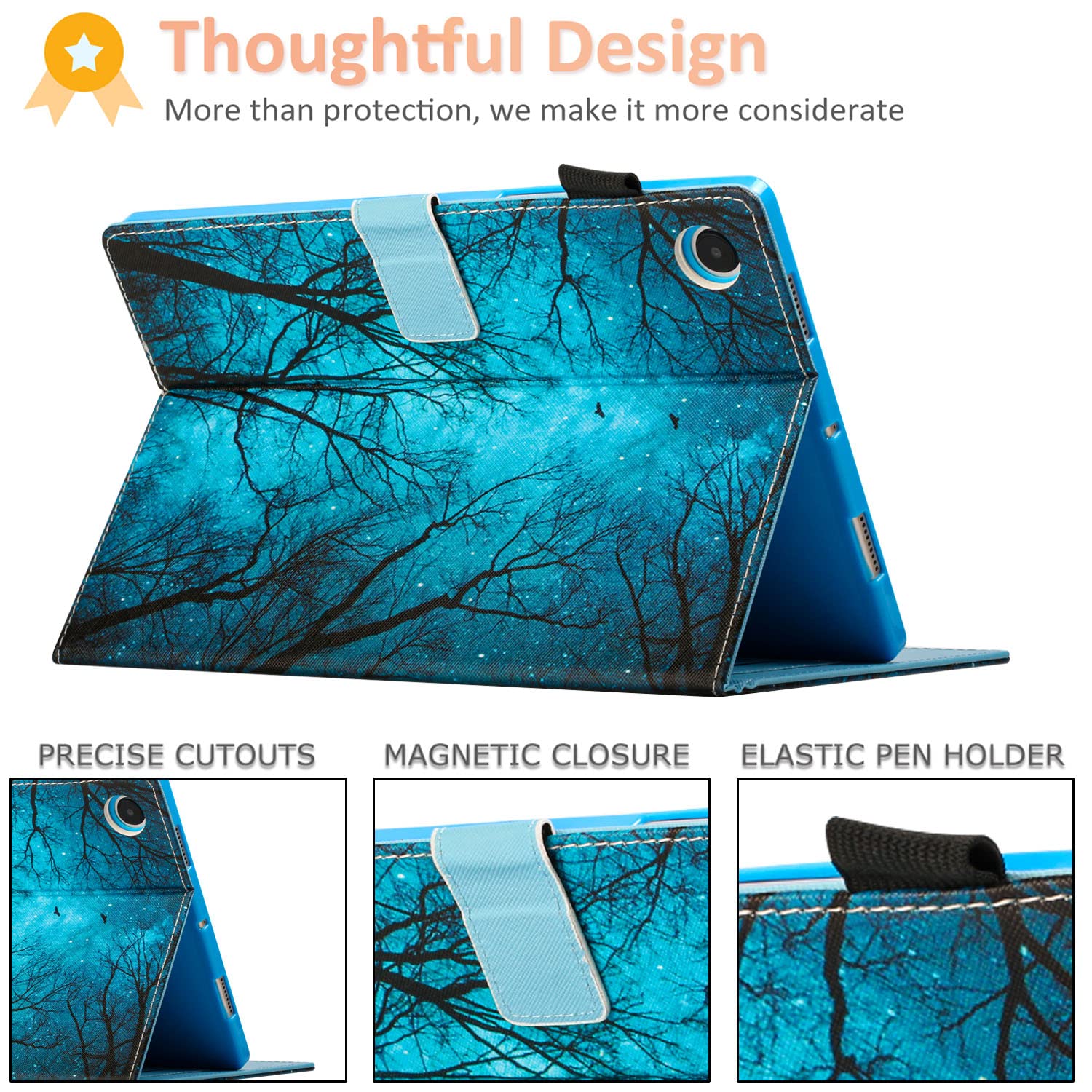 MonsDirect Case for 2022 Samsung Galaxy Tab A8 10.5 Inch, PU Leather Case with Stand, Smart Auto Sleep Wake Cover with Pen Holder for 10.5" Galaxy Tab A8 [SM-X200/X205/X207], Blue Forest