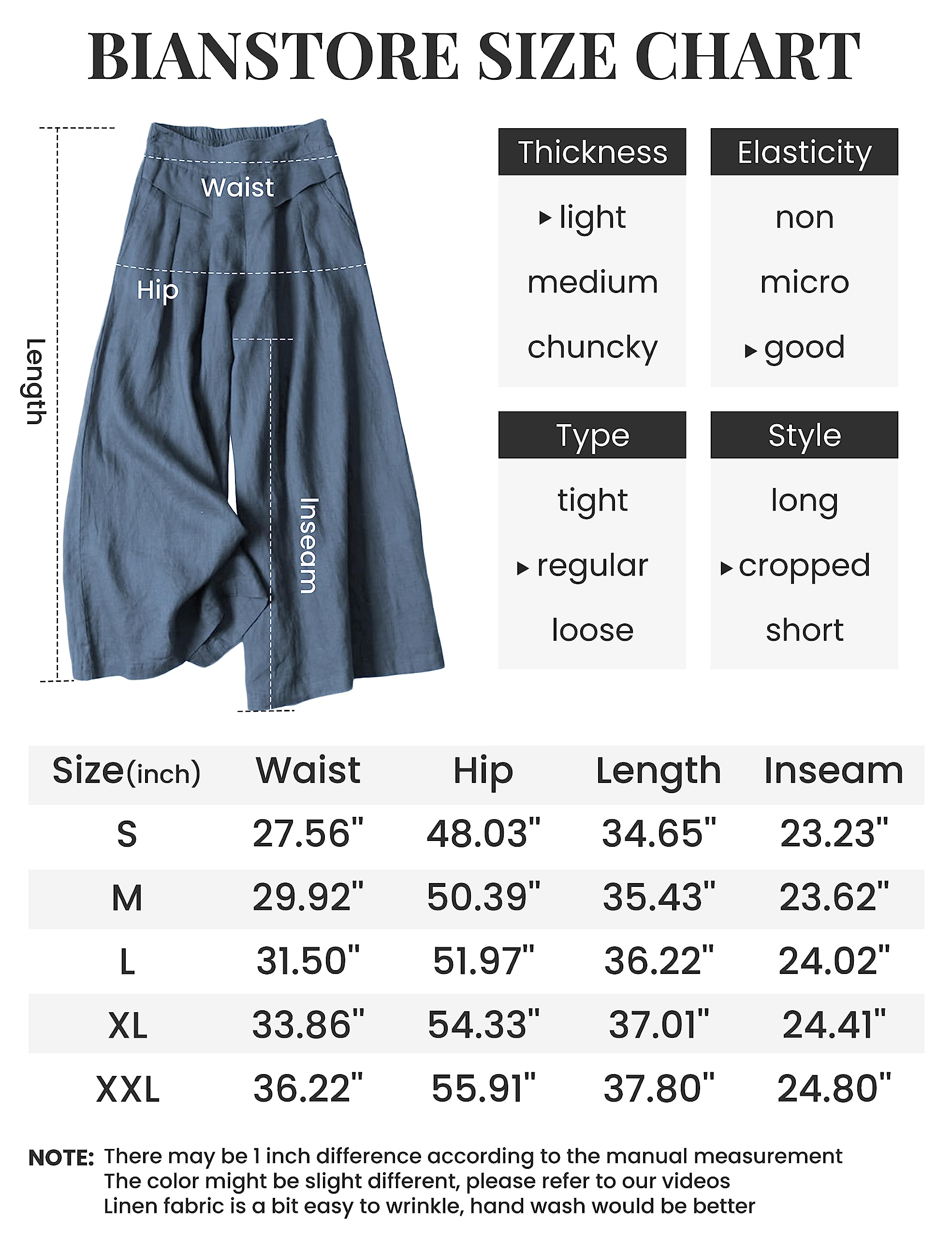 Bianstore Women's Culottes Cotton Linen Wide Leg Palazzo Pants Elastic Waist Capri Trousers with Pockets(Blue-L)
