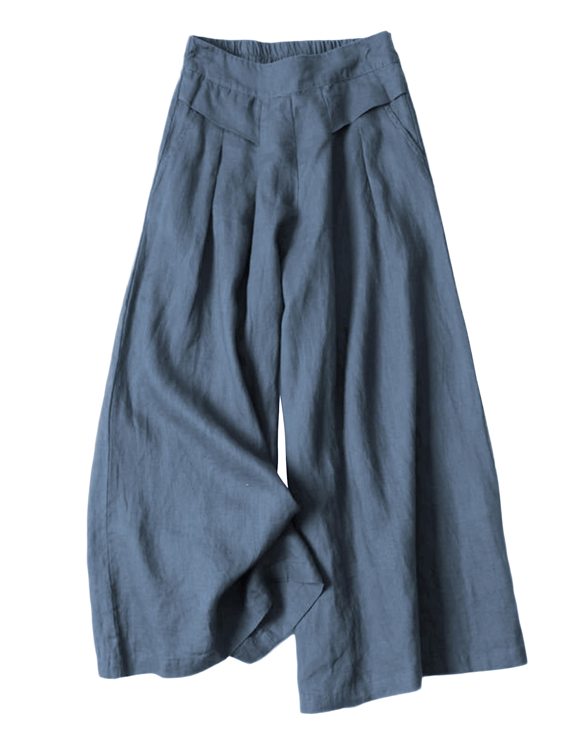 Bianstore Women's Culottes Cotton Linen Wide Leg Palazzo Pants Elastic Waist Capri Trousers with Pockets(Blue-L)