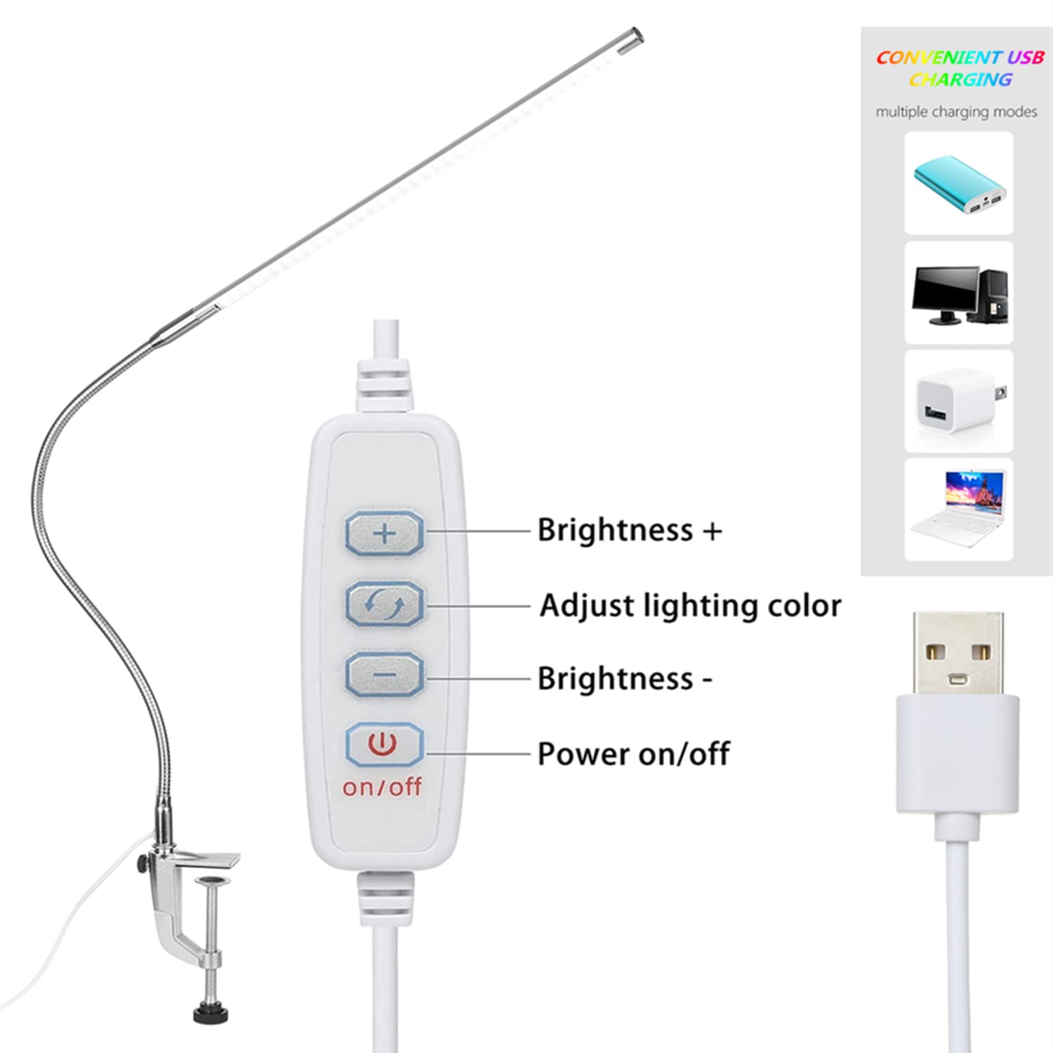 lishumei LED Desk Lamp with Clamp, 3 Modes 10 Brightness 360° Rotation Eye-Caring Reading Light, Long Flexible Gooseneck, Architect Task Lamp, USB Clamp Light for Home Office Manicure Reading