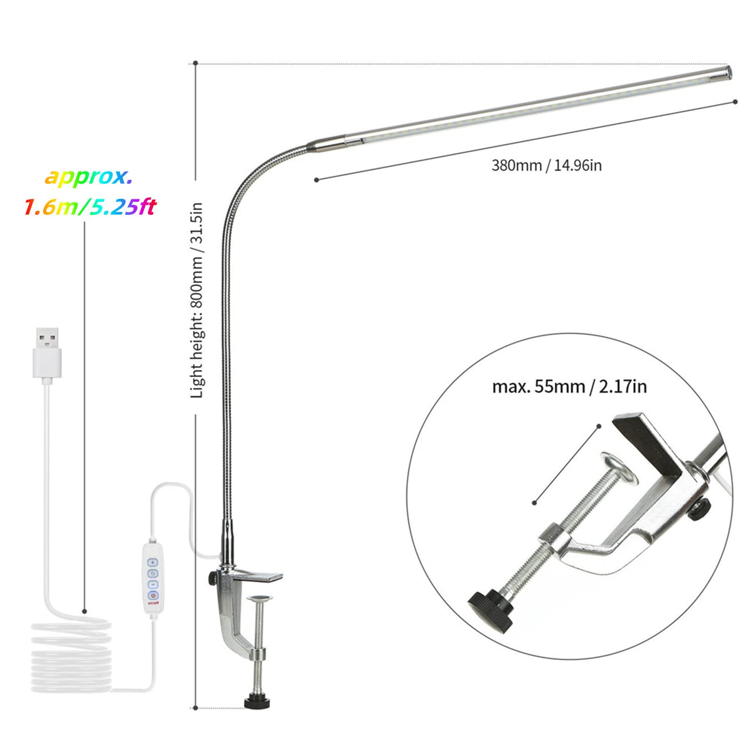 lishumei LED Desk Lamp with Clamp, 3 Modes 10 Brightness 360° Rotation Eye-Caring Reading Light, Long Flexible Gooseneck, Architect Task Lamp, USB Clamp Light for Home Office Manicure Reading