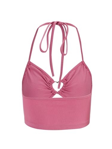 MakeMeChic Women's Halter Tie Backless Cut Out Ribbed Knit Summer Crop Cami Tops A Pink Large