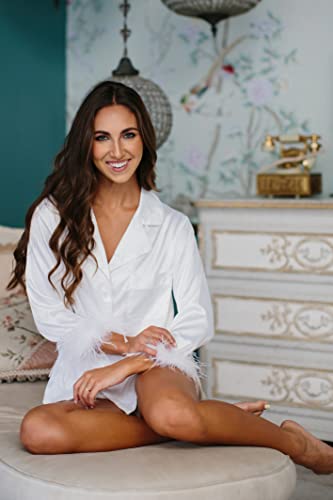 Belle's Design Feather Bridal Pajamas - Satin Silk Shorts and Long Sleeve Feather Trim, Wedding, Bachelorette Party Sleepwear, White/Medium
