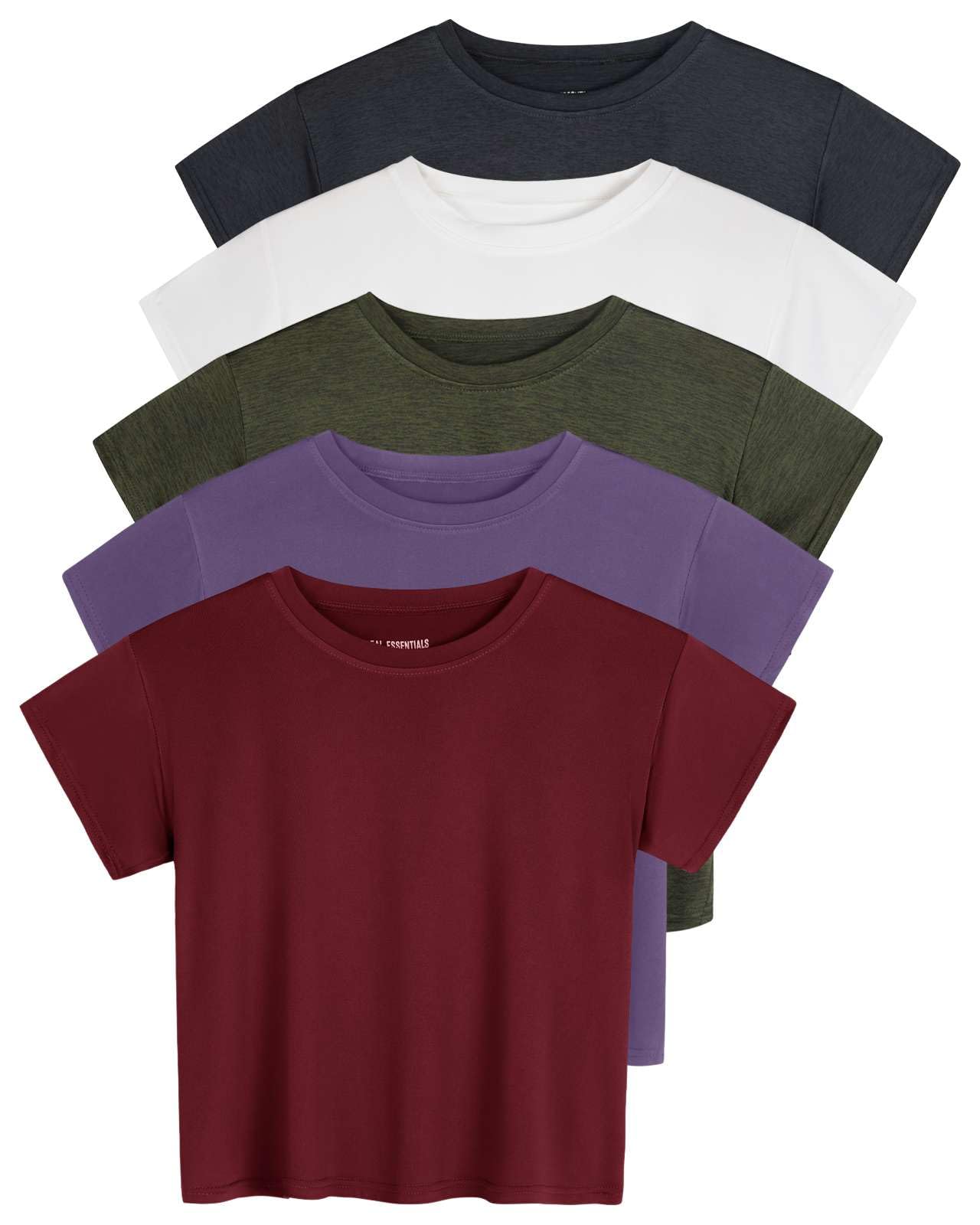 Real Essentials 5 Pack: Womens Crop Top High Waist Quick Dry Fit Active Wear Yoga Workout Athletic Running Gym Exercise Ladies Short Sleeve Crew Neck Moisture Wicking Tees T-Shirt Summer - Set 5, S